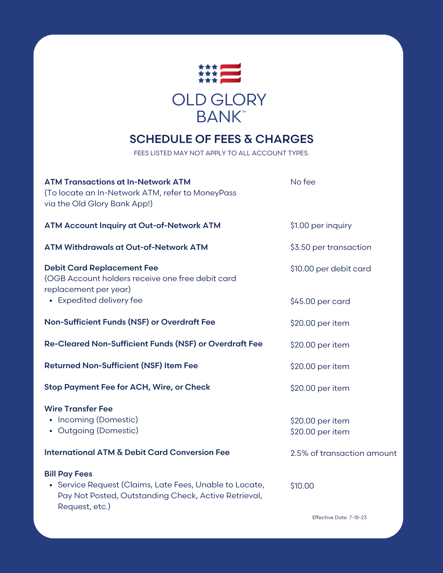 What are Old Glory Bank's Personal Account fees?